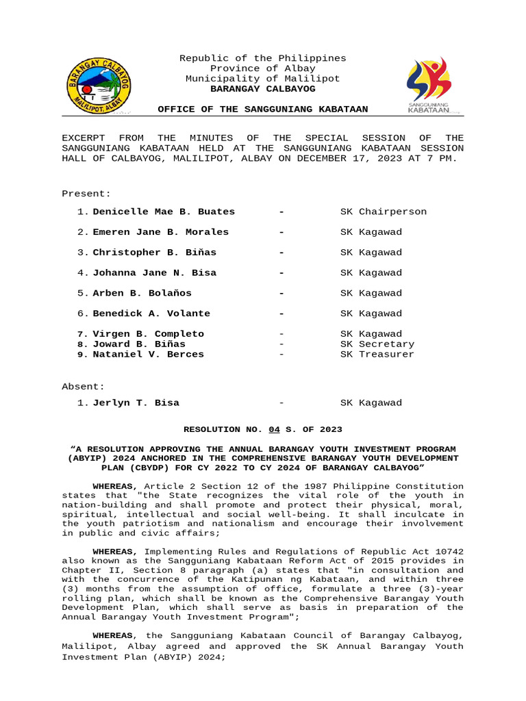 Resolution No. 04 Series of 2023, ABYIP 2024 | PDF | Government
