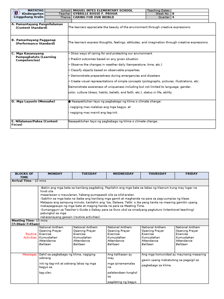 Kindergarten DLL Matatag Q4 Week 8 | PDF