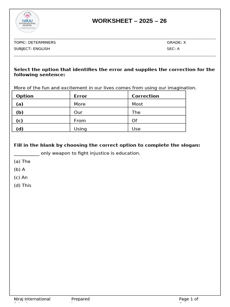Determiners - Worksheet | PDF