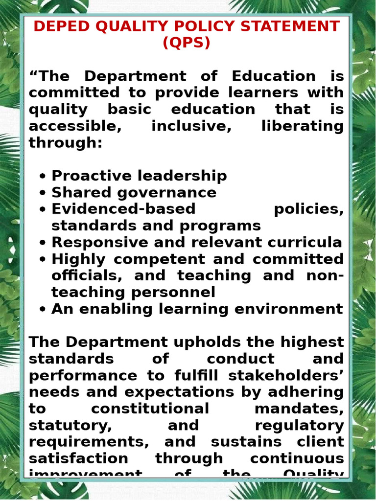 Deped Hym and Quality and Policy Statement | PDF