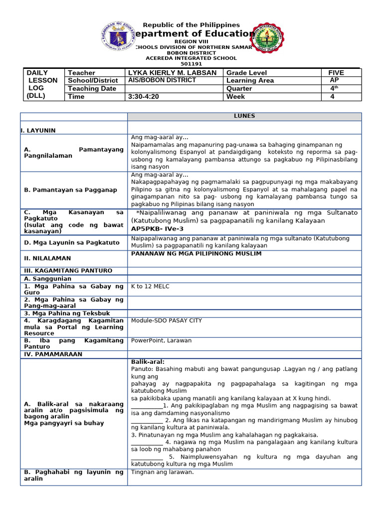 DLL Week 4 Q4 Ap 5 | PDF
