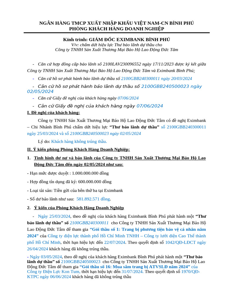 To Trinh Cham Dut Hieu Luc Thu Bao Lanh 2 - Du Thau - KHONG TRUNG THAU | PDF