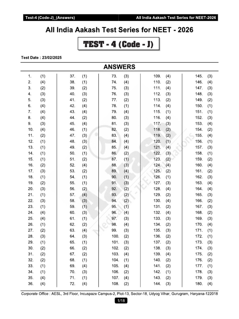 AIATS-2026 (TYM) - Test-4 Code-J - (23-02-2025) - Solution | PDF