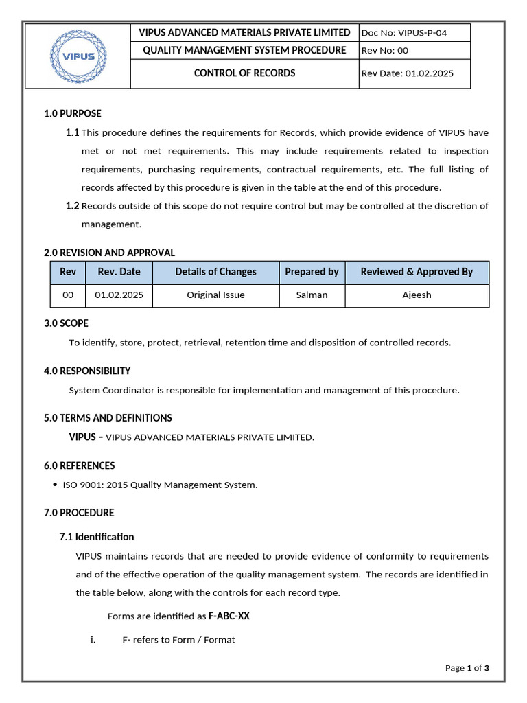 VIPUS Quality Management Record Control | PDF | Backup | Records Management