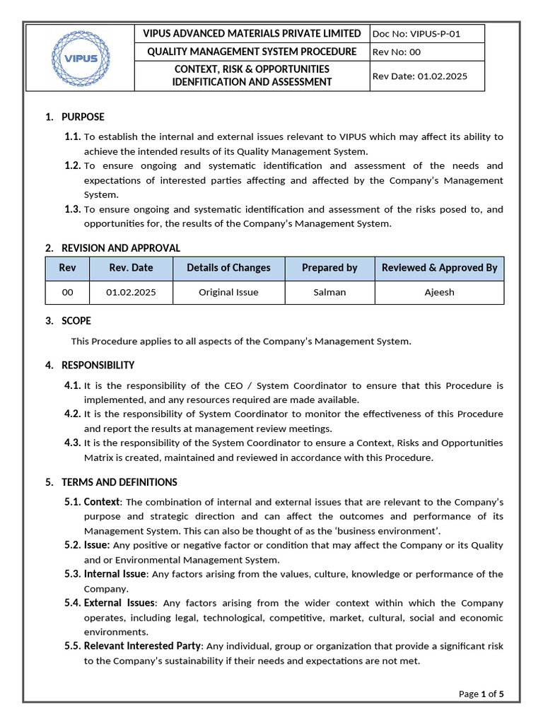 01 - Procedure - Context, Risk and Opportunities Identification and ...