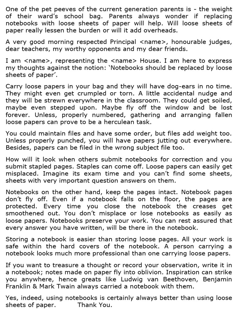 Debate Speech - Notebooks Vs Loose Sheets | PDF