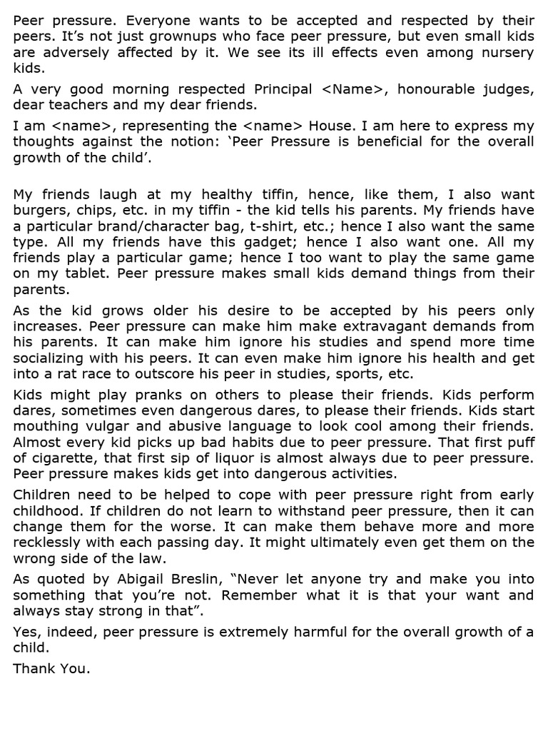 Debate Speech - Peer Pressure | PDF