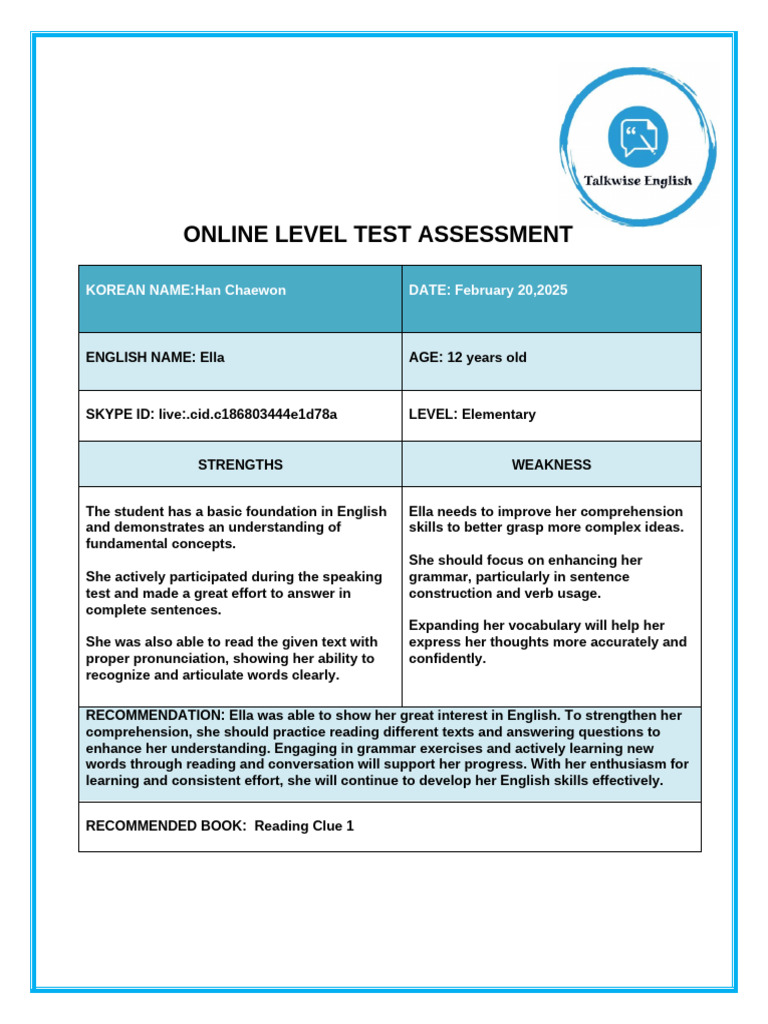 Online English Level Test Results for Ella | PDF
