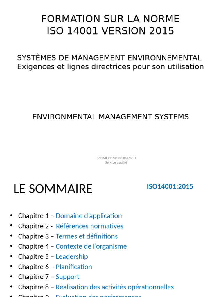 Formation ISO 14001: Exigences 2015 | PDF | Environnement naturel ...