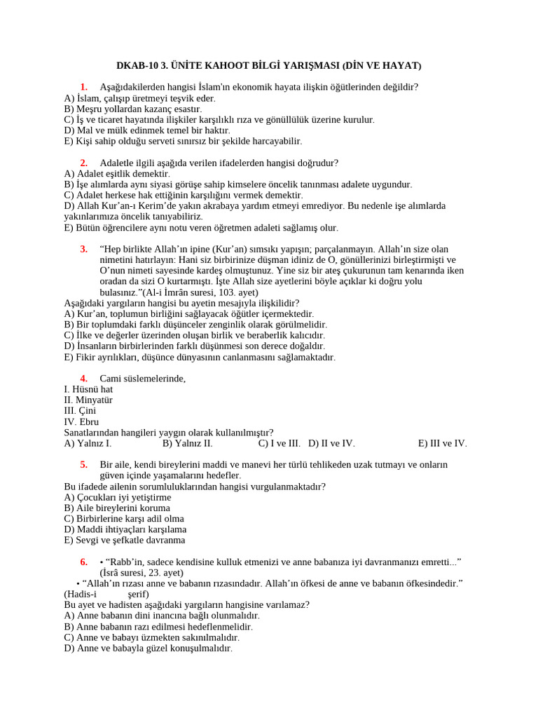 Dkab-10 3. Üni̇te Kahoot Bi̇lgi̇ Yarişmasi | PDF