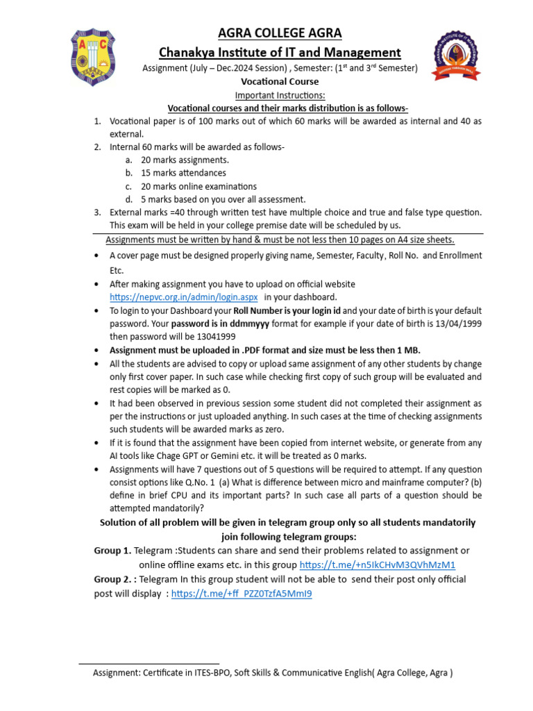 Agra College Assignment Certificate in ITES-BPO, Soft Skills ...