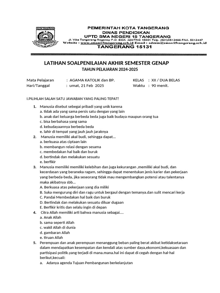 Rumusan Soal Latihan Ujian UAS PAK Kls 12 Rac.1,l2 | PDF