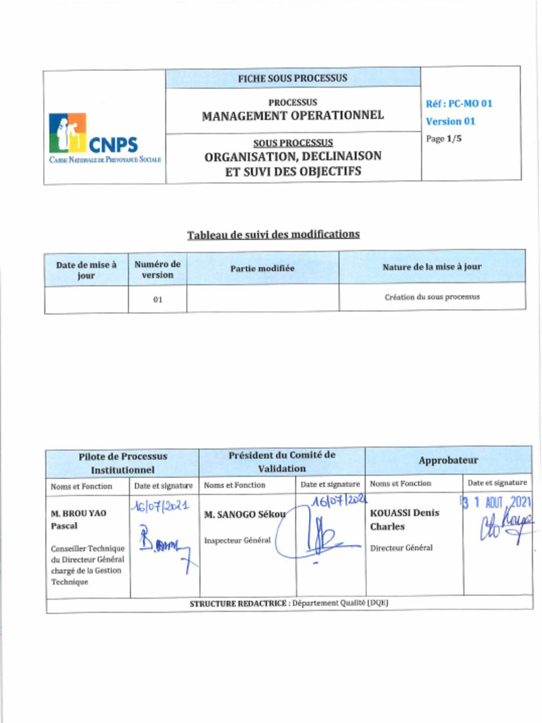 FICHE SOUS-PROCESSUS MO - Organisation - Déclinaison Et Suivi Des Objectifs | PDF
