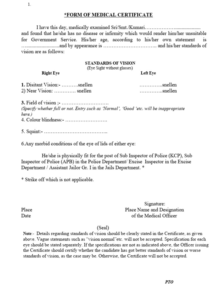 Medical Certificate for Sub Inspector | PDF | Vision