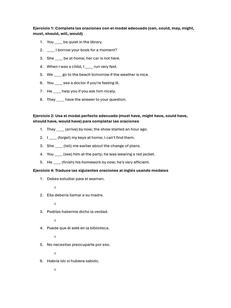 Ejercicios de Modales y Perfectos | PDF