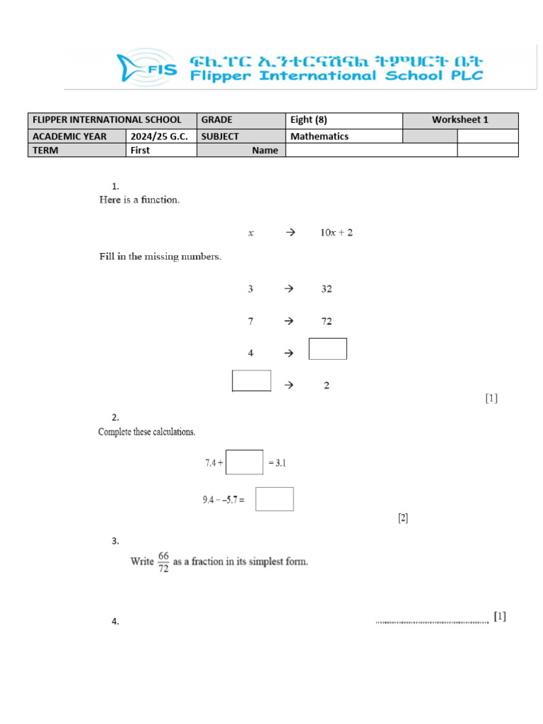 Math Work Sheet 1 for G8 | PDF