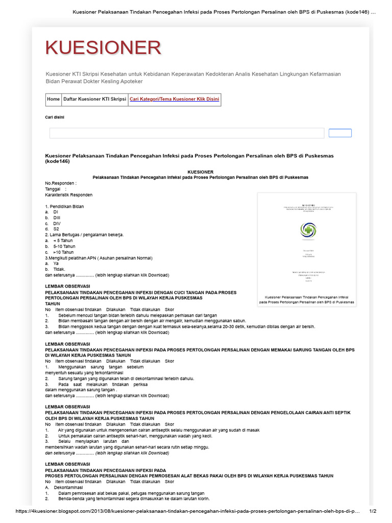 Kuesioner Pelaksanaan Tindakan Pencegahan Infeksi Pada Proses Pertolongan Persalinan Oleh BPS Di ...