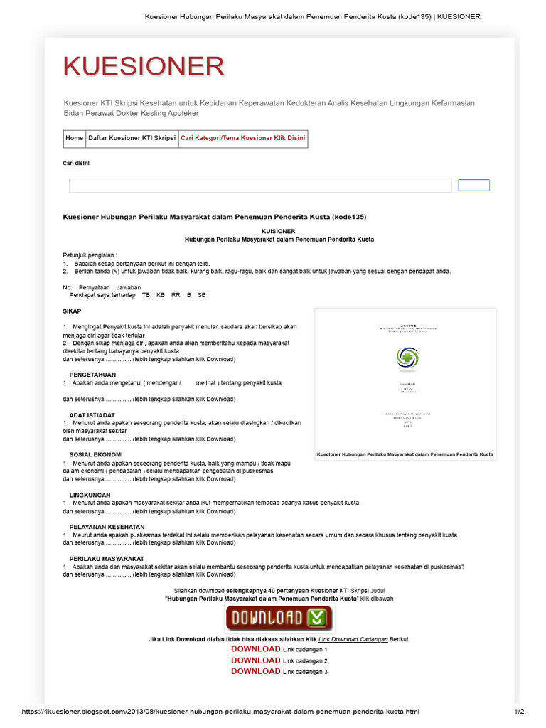 Kuesioner Hubungan Perilaku Masyarakat Dalam Penemuan Penderita Kusta (Kode135) _ KUESIONER | PDF
