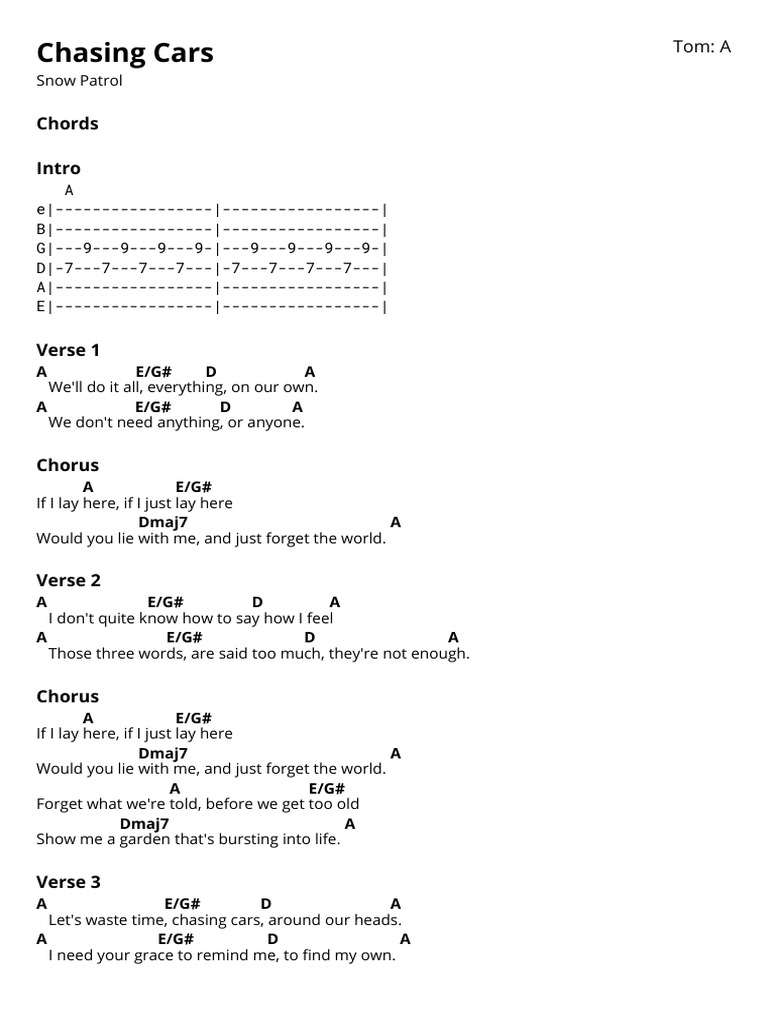 Chasing Cars Guitar Chords PDF | PDF | Song Structure | Songs
