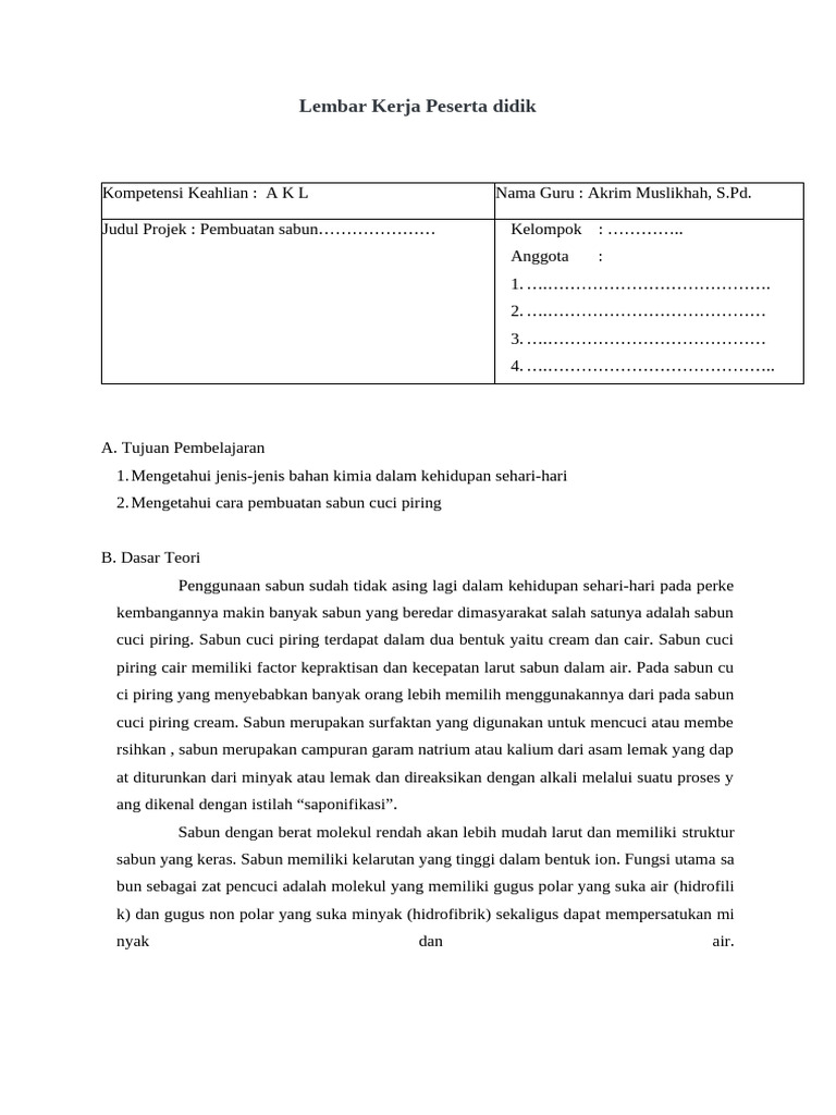 LKPD Rancangan Projek Pembuatan Sabun | PDF