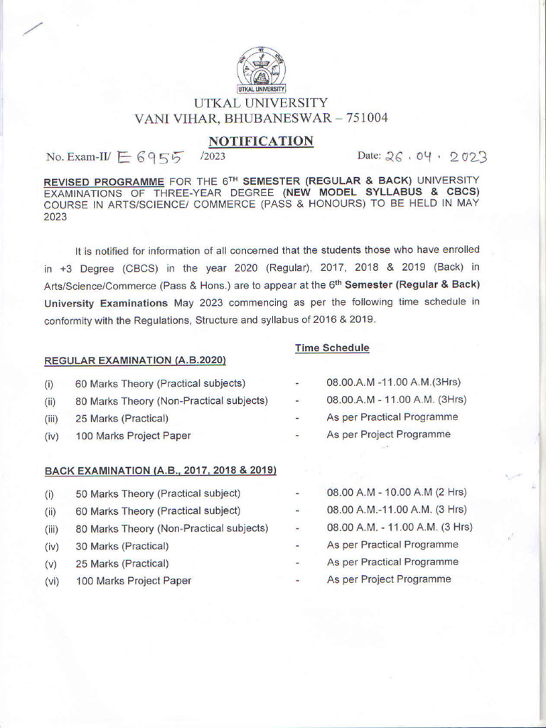 REVISED Ug 6th Sem Programme Exam 2023 RB | PDF