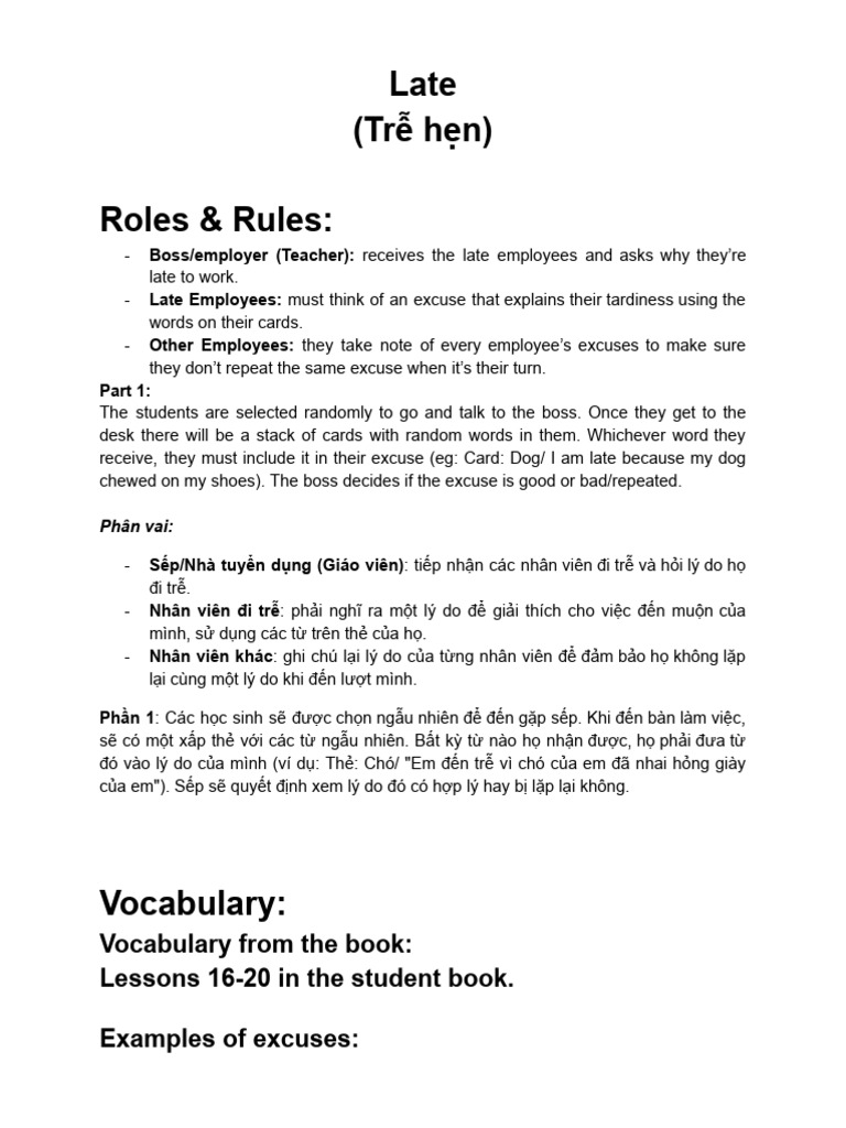 Late (Trễ hẹn) Roles & Rules:: Vocabulary from the book: Lessons 16-20 ...