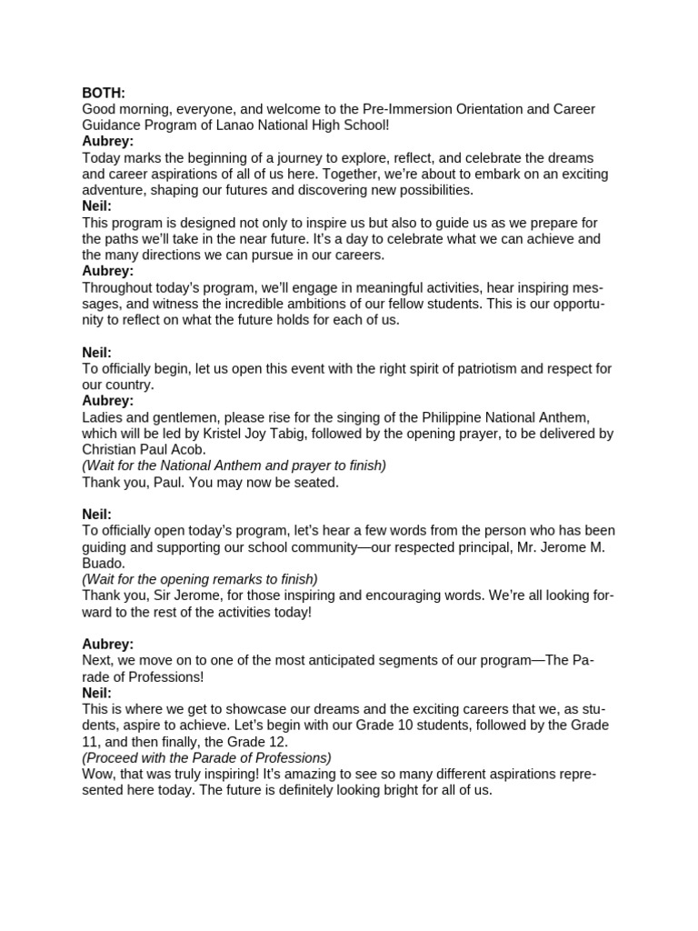 Pre-Immersion Orientation and Career Guidance Program Script | PDF