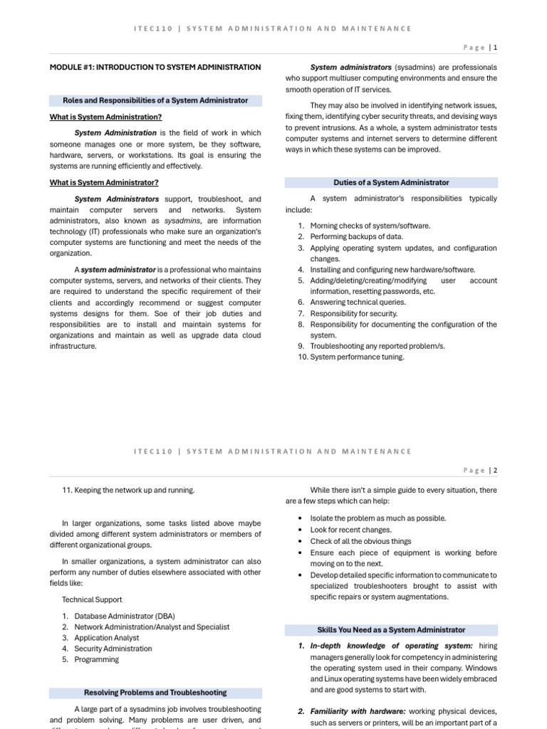 Module 1 Introduction To System Administration | PDF | Computer Network | System Administrator