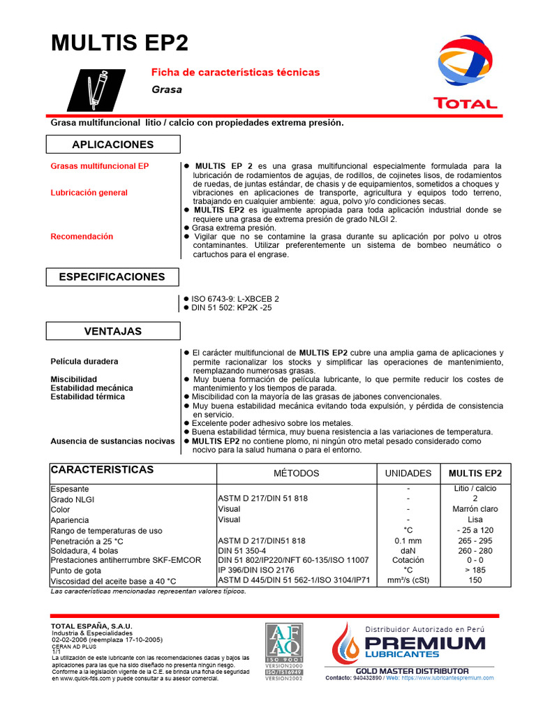 Grasa Multifuncional MULTIS EP2 | PDF | Rodamiento (Mecánico) | Ingeniería mecánica