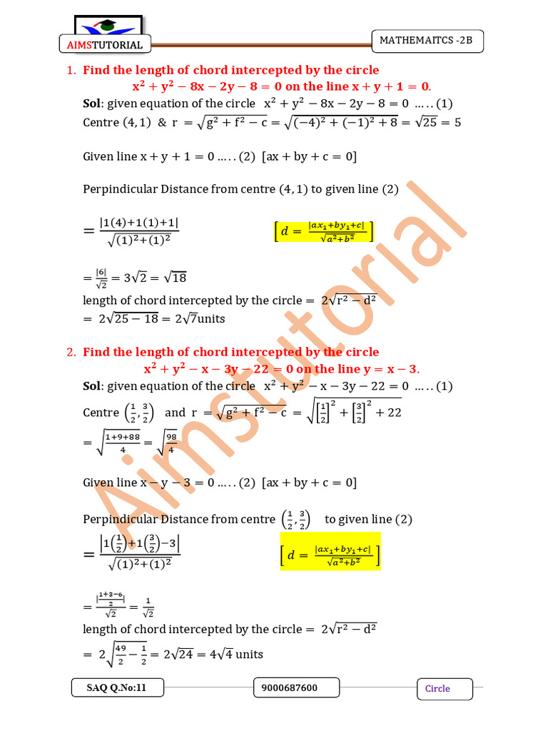 Aimstutorial Mathematics 2b Circle Important Saq's | PDF | Circle | Tangent