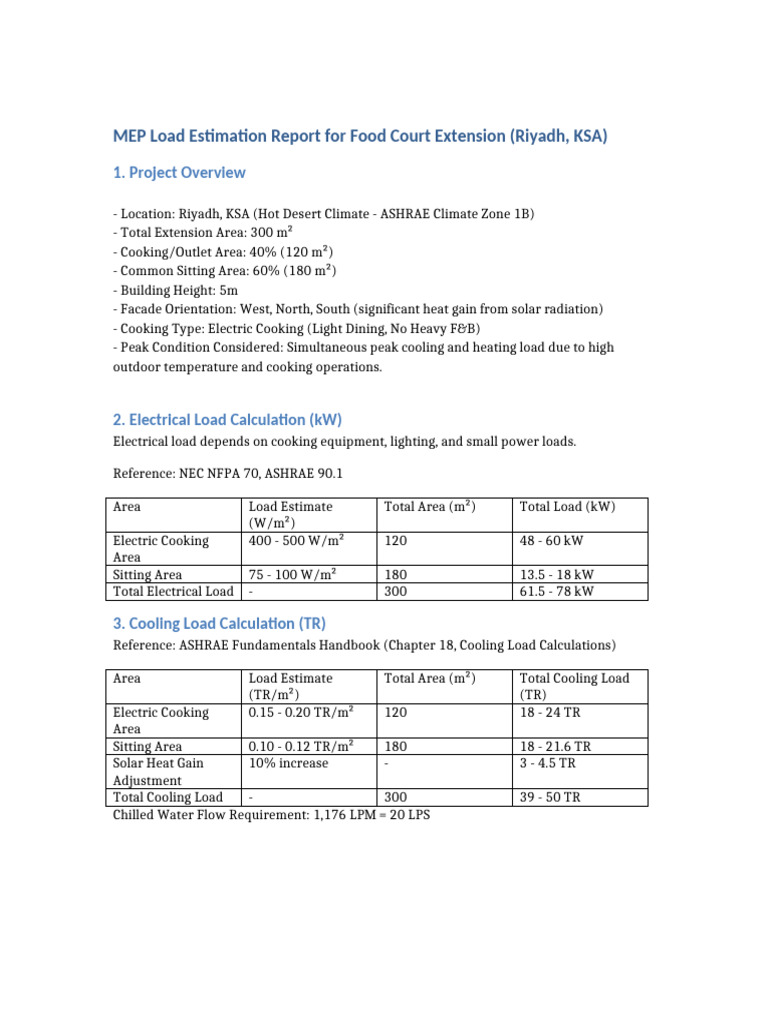 Updated MEP Load Estimation Report Food Court Extension | PDF ...
