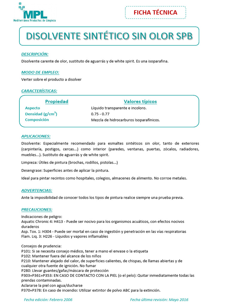 Disolvente Sintetico Sin Olor ML 10982531 Techsheetsup | PDF | Pintar