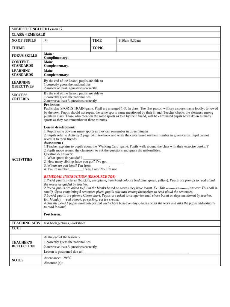 Remedial Sample 2 Lesson | PDF | Teachers | Human Communication
