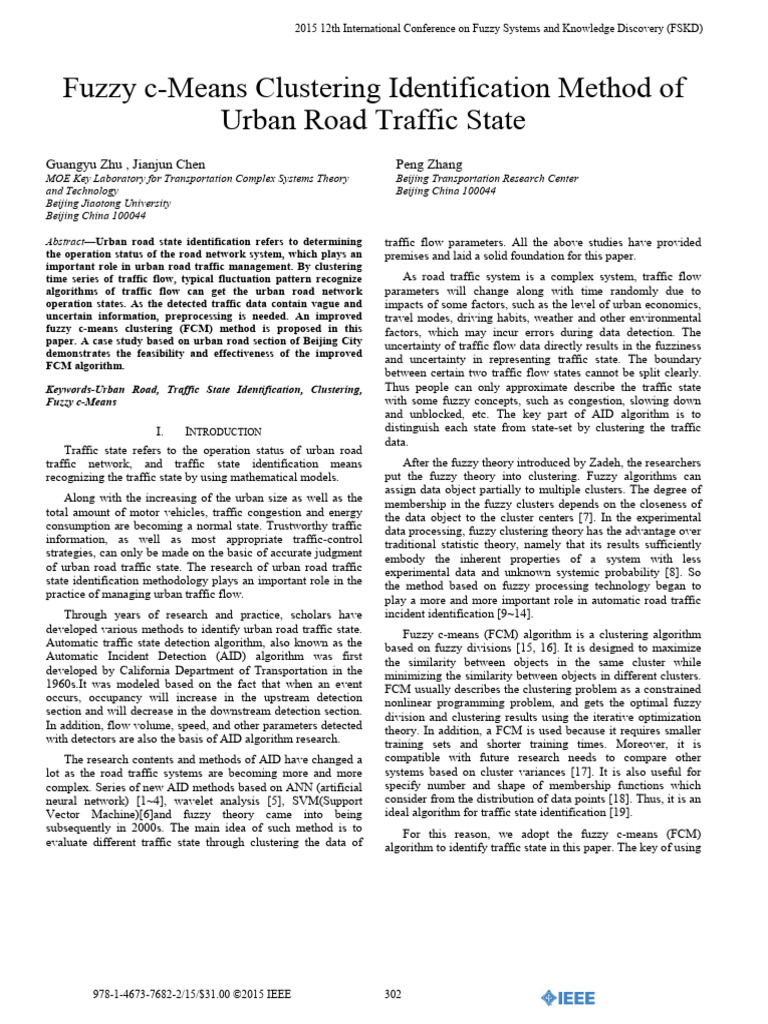 Fuzzy C-Means Clustering Identification Method of Urban Road Traffic State | PDF | Cluster ...