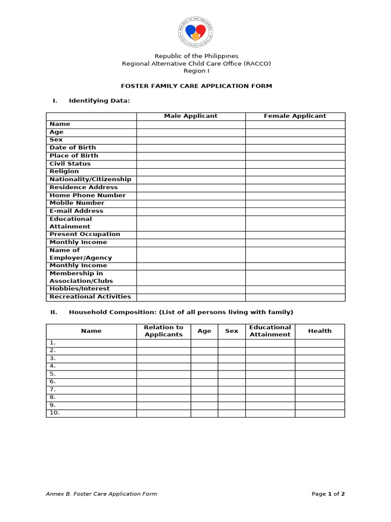 Foster Family Care Application Form | PDF