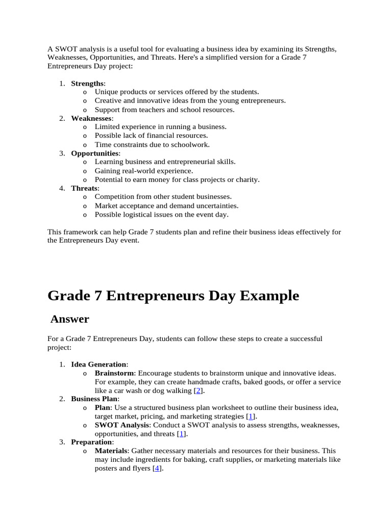 Grade 7 Entrepreneurs Day SWOT Guide | PDF | Entrepreneurship | Swot ...