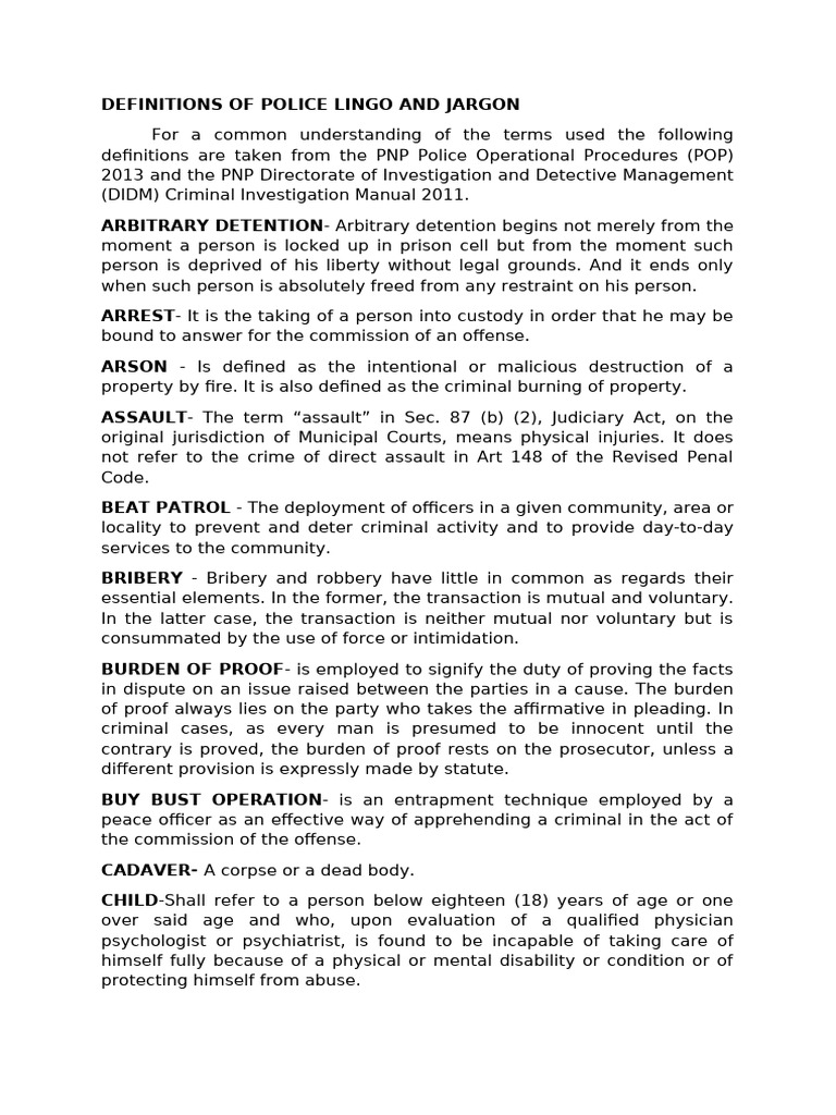 Definitions of Police Lingo and Jargon | PDF | Criminal Law | Detention (Imprisonment)