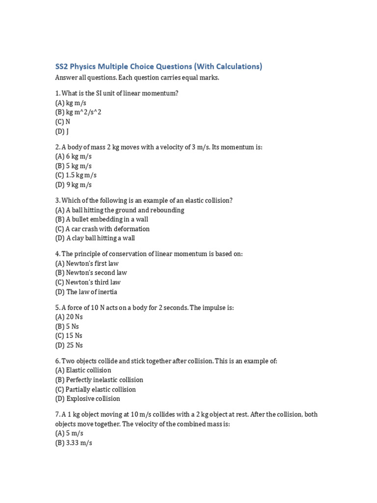 SS2 Physics Multiple Choice Questions With Calculations | PDF | Heat ...