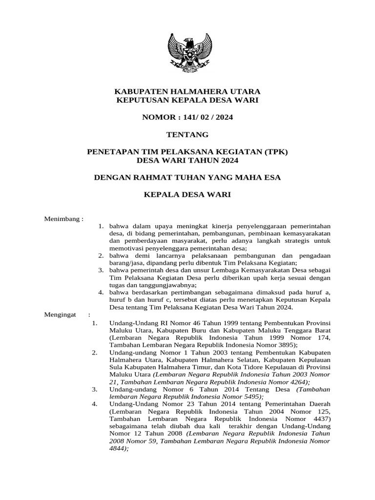 Penetapan TPK Desa Wari 2024 | PDF