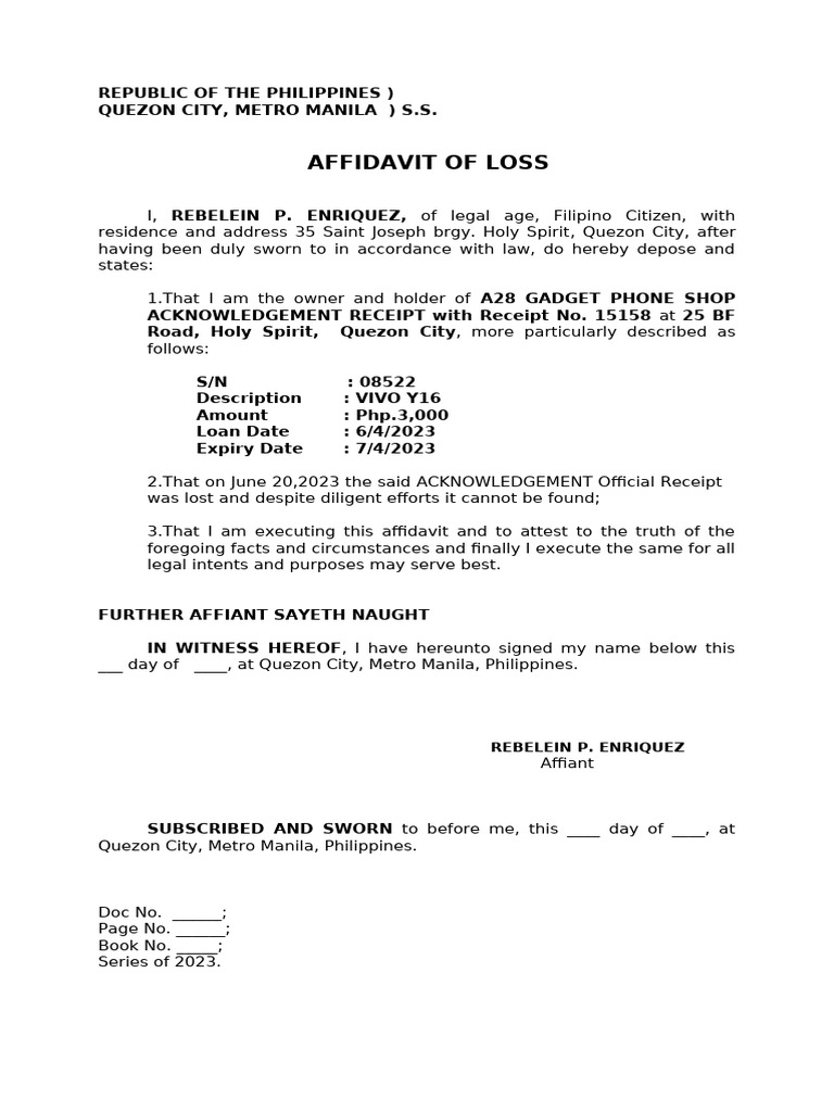 Affidavit of Loss for Receipt in QC | PDF