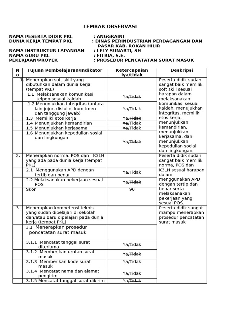 LEMBAR OBSERVASI DAN NILAI PESERTA DIDIK PKL 2024 - ANGGRAINI | PDF