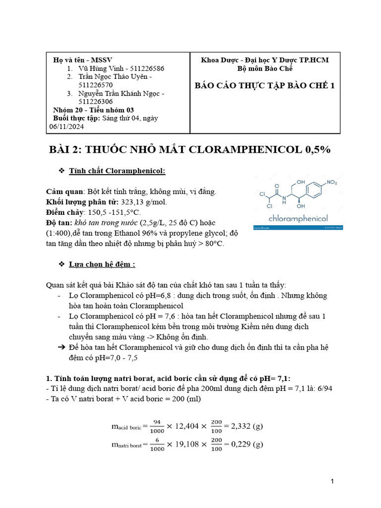 Nhóm 20 - TN3 - Bài 2 - thuốc nhỏ mắt Cloramphenicol 0,5% | PDF