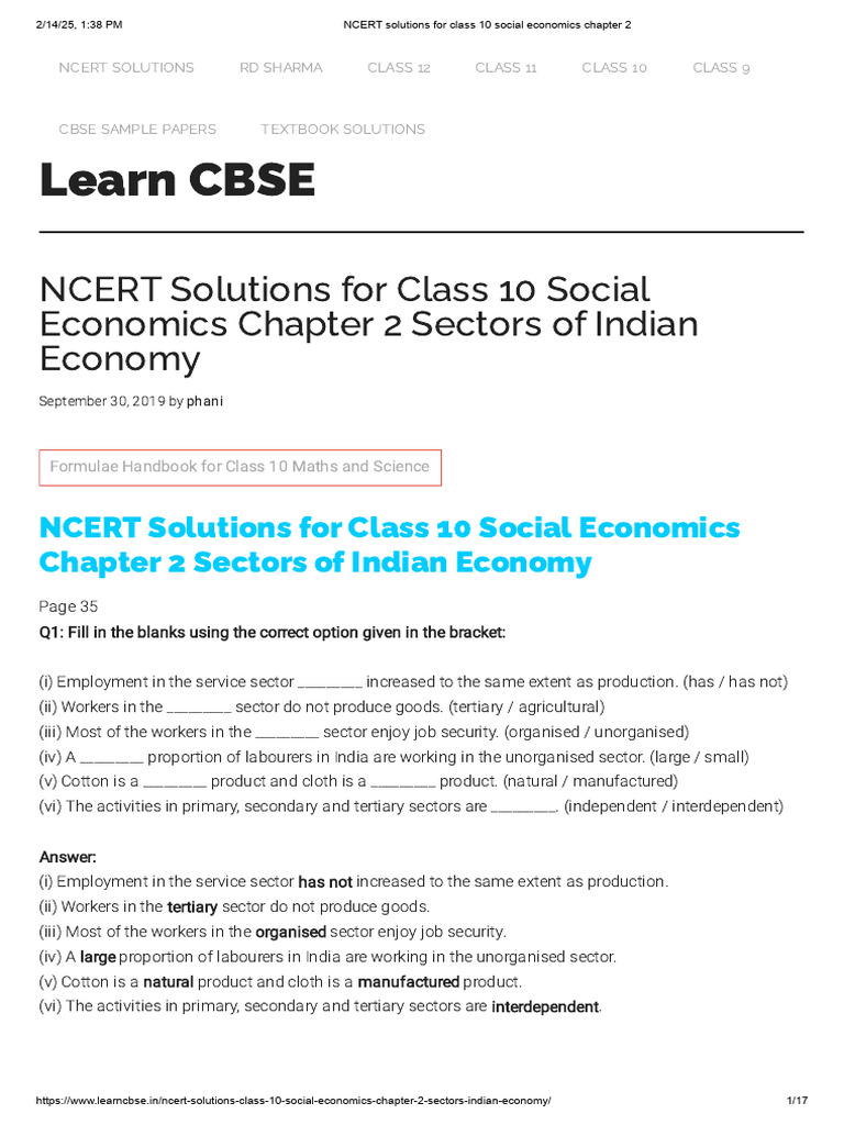 NCERT Solutions For Class 10 Social Economics Chapter 2 | PDF | Employment | Working Time