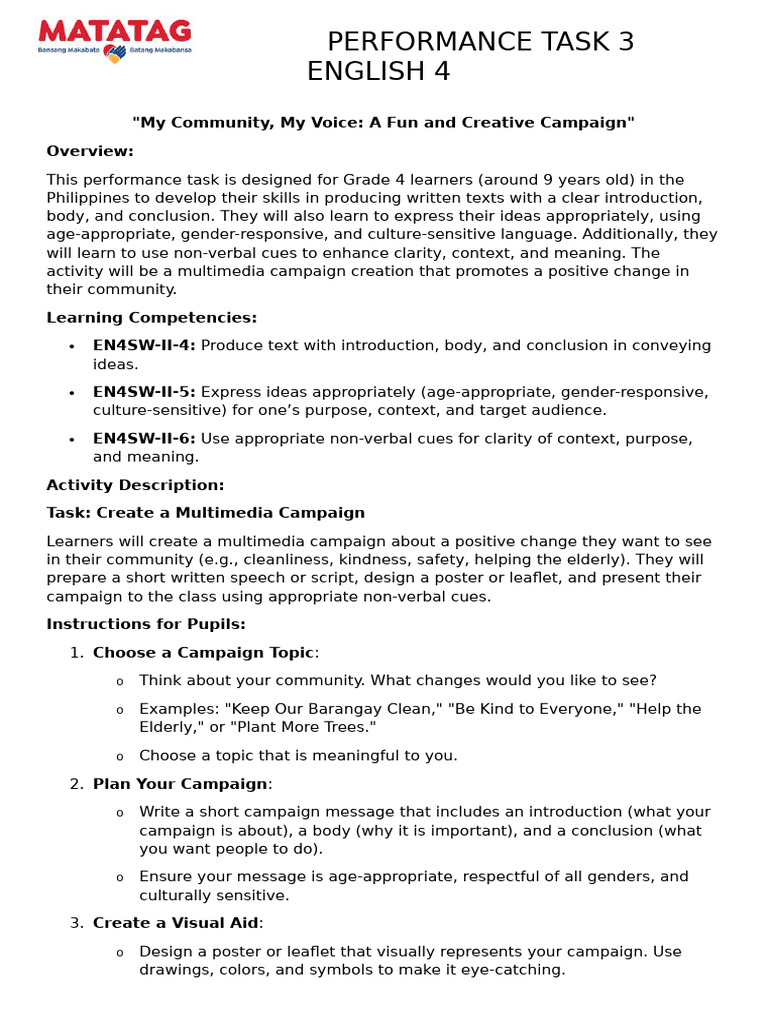 Grade 4 Community Campaign Task | PDF | Nonverbal Communication | Learning