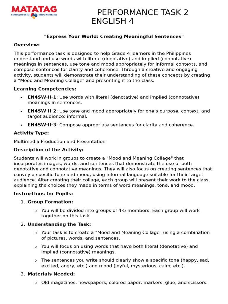 English 4 Performance Task 2 | PDF | Word | Creativity