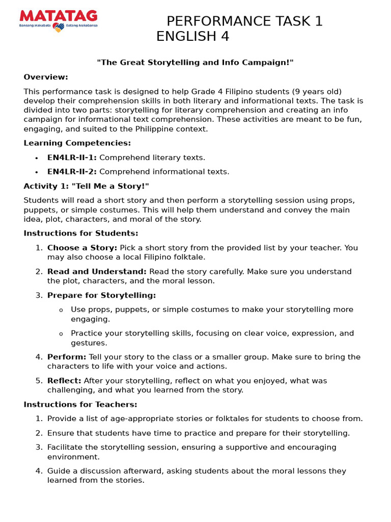 Grade 4 English Storytelling Task | PDF | Reading Comprehension ...