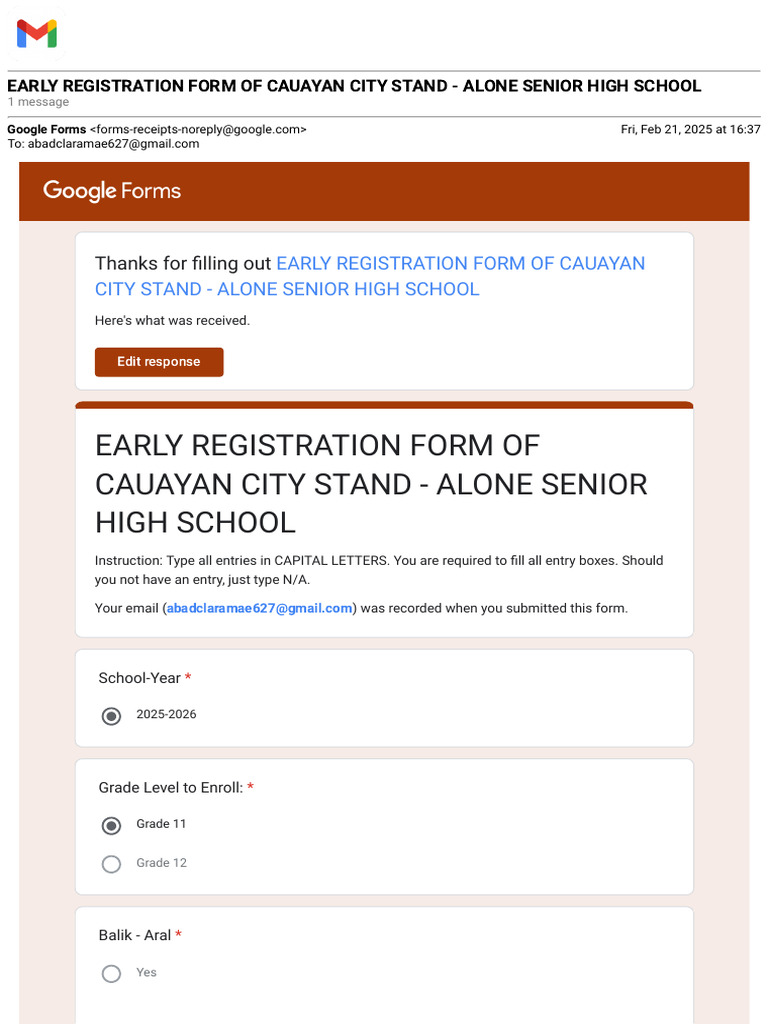 Cauayan City SHS Early Registration Form | PDF