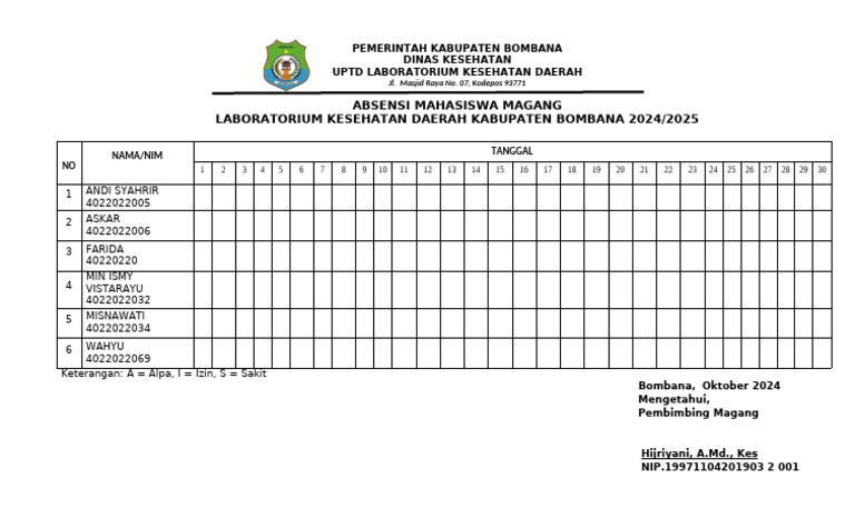 Absensi Mahasiswa Magang Bombana 2024 | PDF