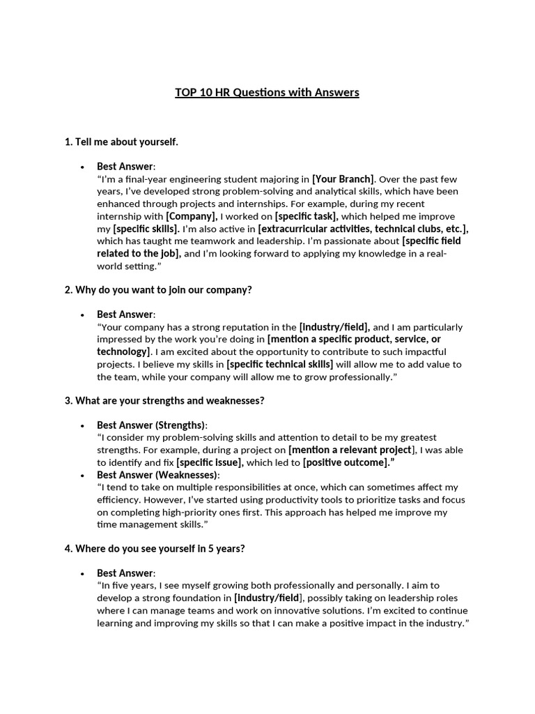 Top 10 HR Interview Questions Answered | PDF | Skill | Leadership