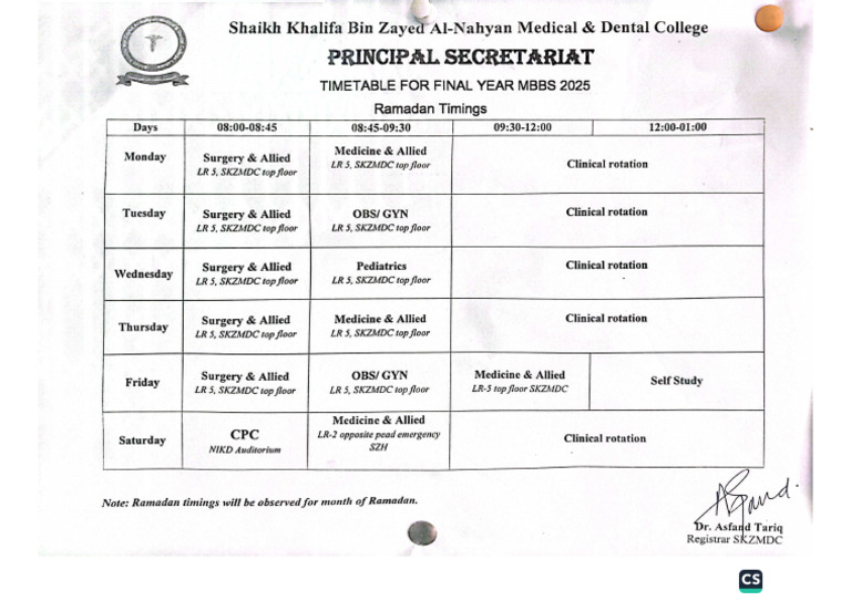 Ramadan Timetable Final Year | PDF